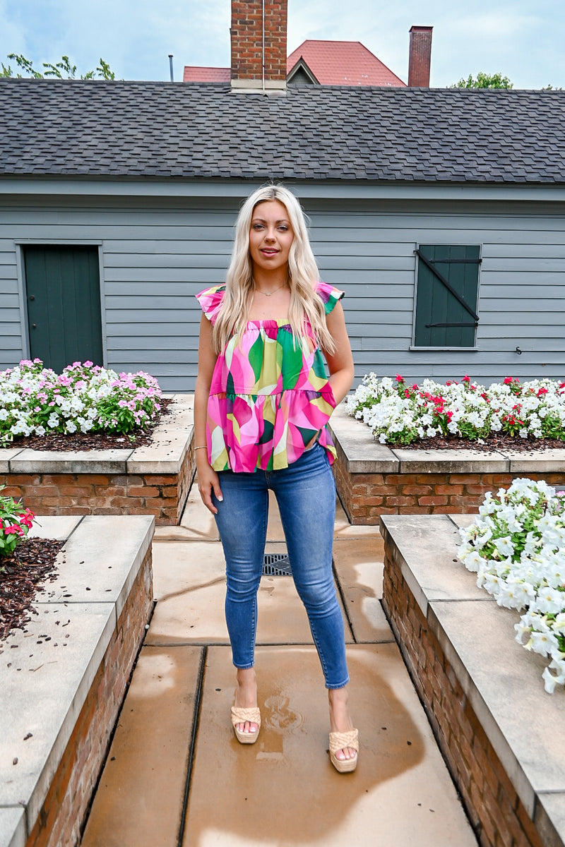 Printed Ruffle Baby Doll Top- pink/green mix – Refuge Boutique